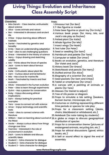 Living Things Evolution And Inheritance Class Assembly Script Teaching Resources 