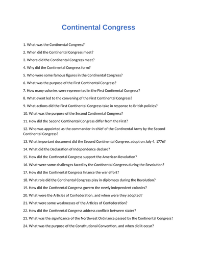 Continental Congress : 60 Assessment Questions With Answers - Quiz ...