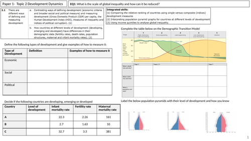 GCSE Geography Edexcel B Revision Booklet, Exam Questions and lesson- Topic 2: Development ...