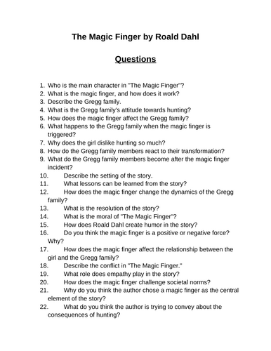 The Magic Finger. 40 Reading Comprehension Questions (Editable ...