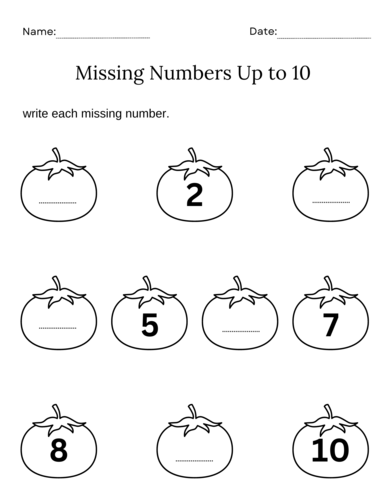 Printable kindergarten missing numbers worksheet 1-10 | Teaching Resources