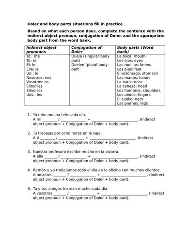 Doler and body parts situations fill in practice | Teaching Resources