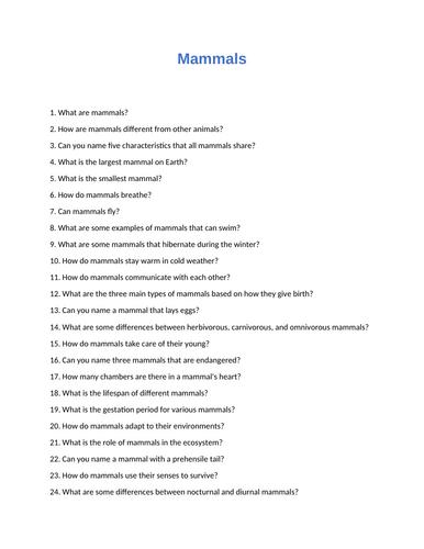 Mammals : 60 Assessment Questions With Answers - Quiz / Test | Teaching ...