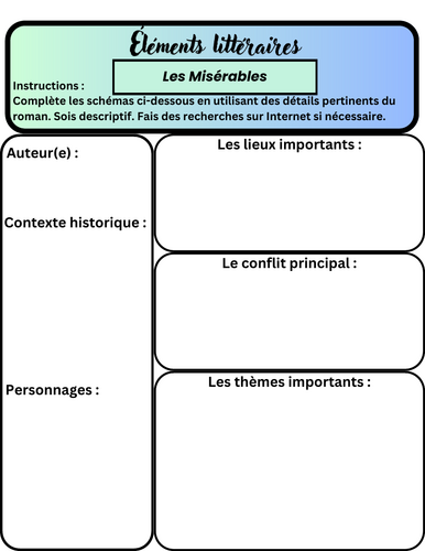 FRENCH Literary Elements worksheet - Les Misérables | Teaching Resources
