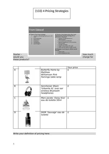 Theme 1 Marketing and people EDEXCEL IA Level Business Unit 12 Pricing ...