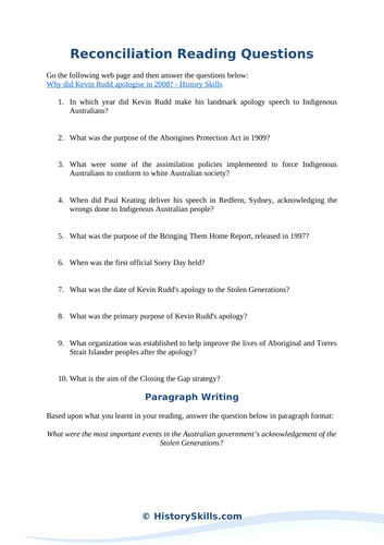Australian Reconciliation Reading Questions Worksheet | Teaching Resources