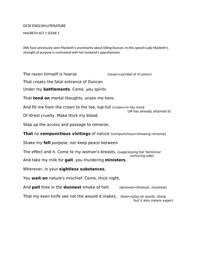 Revision Notes: Lady Macbeth's speech "take my milk for gall" GCSE ...