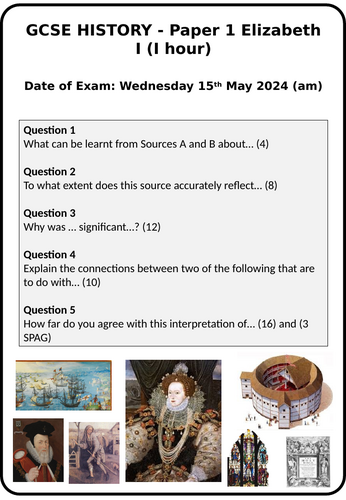 GCSE History ELIZABETH I last minute exam paper revision EDUQAS ...