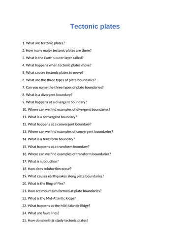 Tectonic plates : 60 Assessment Questions With Answers - Quiz / Test ...