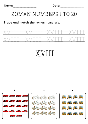 Printable Practice Roman Numbers 1 to 20 worksheet Matching roman ...