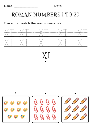 Printable Practice Roman Numbers 1 to 20 worksheet Matching roman ...