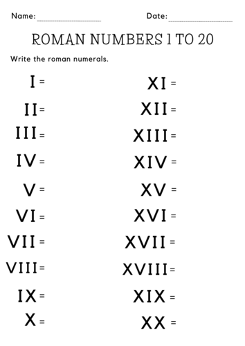Printable Practice Roman Numbers 1 to 20 worksheet Matching roman ...