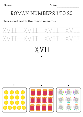 Printable Practice Roman Numbers 1 to 20 worksheet Matching roman ...