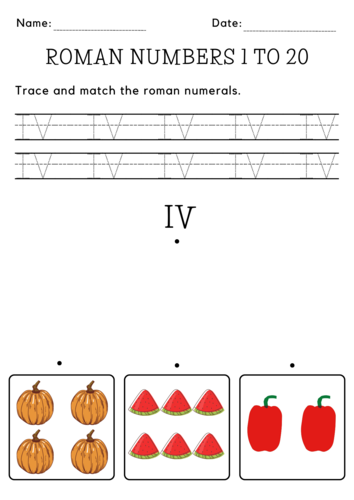 Printable Practice Roman Numbers 1 to 20 worksheet Matching roman ...