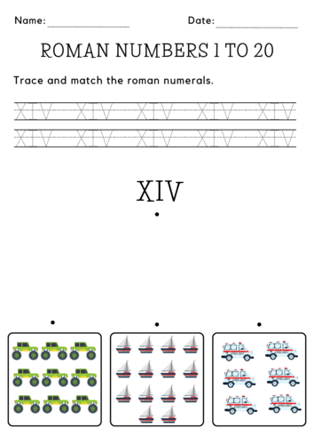 Printable Practice Roman Numbers 1 to 20 worksheet Matching roman ...