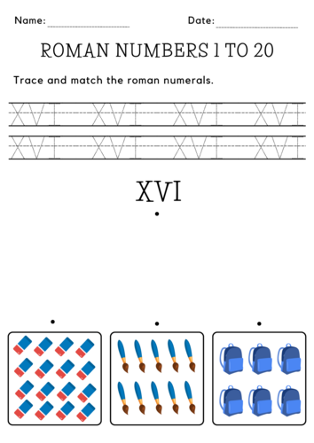 Printable Practice Roman Numbers 1 to 20 worksheet Matching roman ...