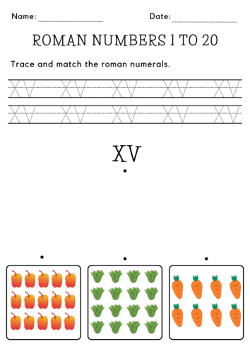 Printable Practice Roman Numbers 1 to 20 worksheet Matching roman ...