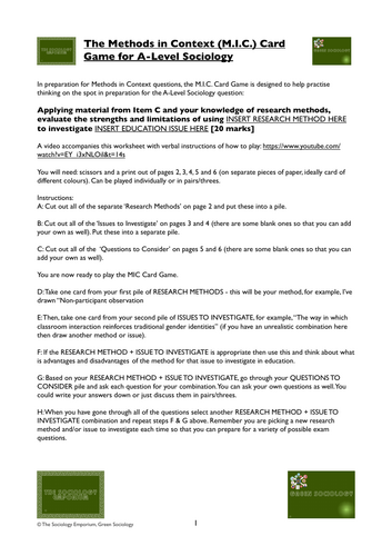 Sociology Methods in Context Card Game MIC | Teaching Resources