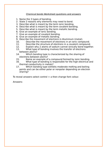 Chemical Bonds KS4 worksheet questions and answers. | Teaching Resources