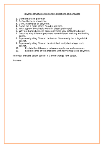 Polymer structures KS4 worksheet questions and answers. | Teaching ...