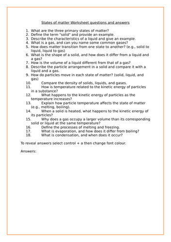 States of matter KS4 worksheet questions and answers. | Teaching Resources
