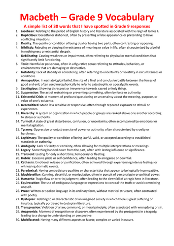 Macbeth Grade 9 Vocabulary | Teaching Resources