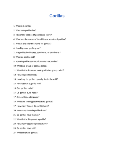 Gorillas: 60 Assessment Questions With Answers - Quiz / Test | Teaching ...