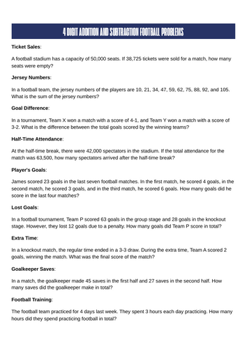 4 digit addition and subtraction football word problems | Teaching ...