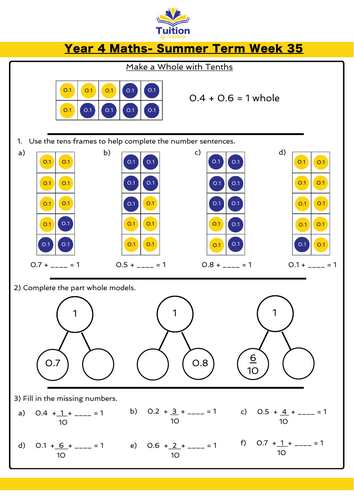 Year 4 - Decimals- Making a Whole with Tenths and Hundredths | Teaching ...