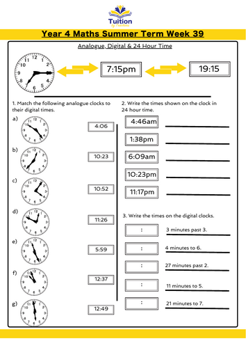 Year 4 - Converting Time between Analogue, Digital and 24-hour Time ...