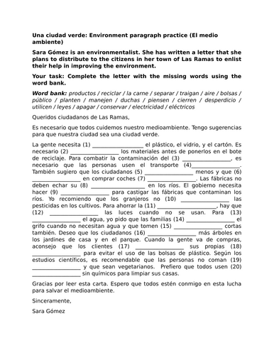 Una ciudad verde: Environment paragraph practice (El medio ambiente ...