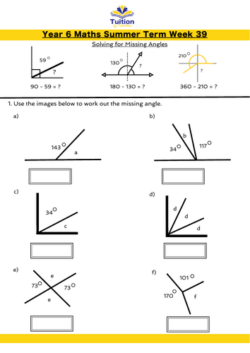 Year 6 - Solve for Missing Angles and Vertically Opposite Angles | Teaching Resources