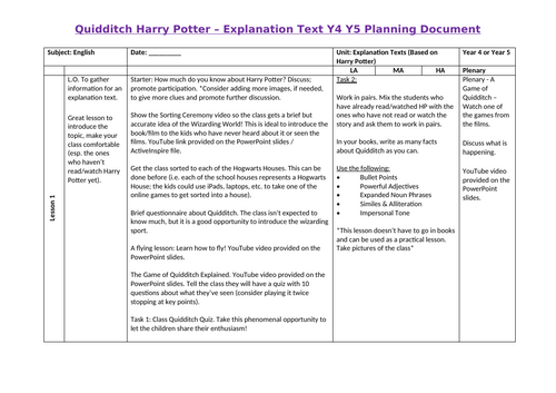 Harry Potter - Explanation Text - Quidditch - Y4 Y5 | Teaching Resources