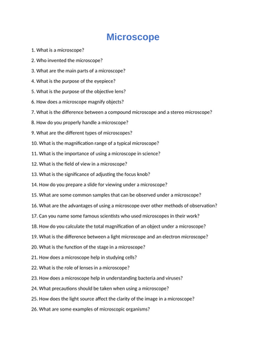 Microscope : 60 Assessment Questions With Answers - Quiz / Test ...