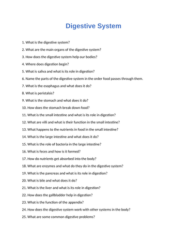 Digestive System : 60 Assessment Questions With Answers - Quiz / Test ...