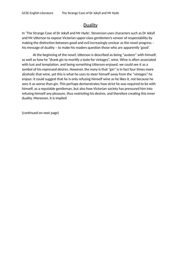 GCSE FULL MARKS, DUALITY IN J&H ESSAY | Teaching Resources