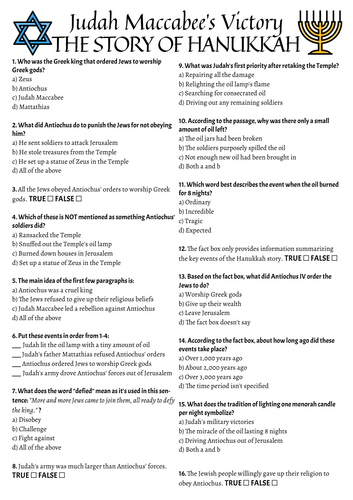 Hanukkah Reading Worksheets | Teaching Resources
