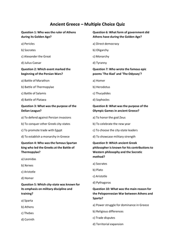 Ancient Greece – Multiple Choice Quiz | Teaching Resources