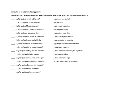 Ir and places questions matching practice | Teaching Resources