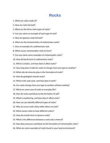 Rocks : 60 Assessment Questions With Answers - Quiz / Test | Teaching ...