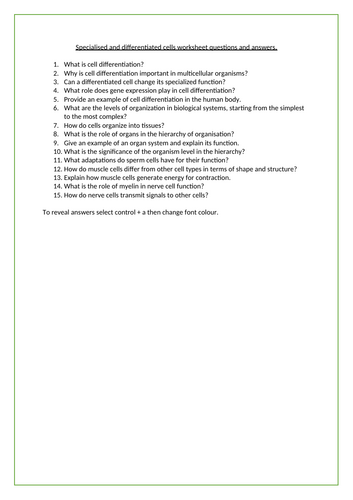 Specialised and differentiated cells KS4 worksheet questions and ...