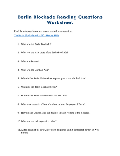 Berlin Blockade and Airlift Reading Questions Worksheet | Teaching ...