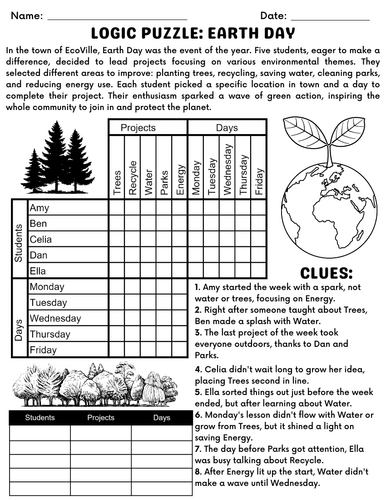 Earth Day: Logic Puzzle and Sudoku for Grade 3rd 4th 5th 6th Sub Plans ...