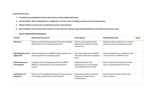 BTEC Business: Unit 2 Marketing Campaign Self-Assessment Rubric ...