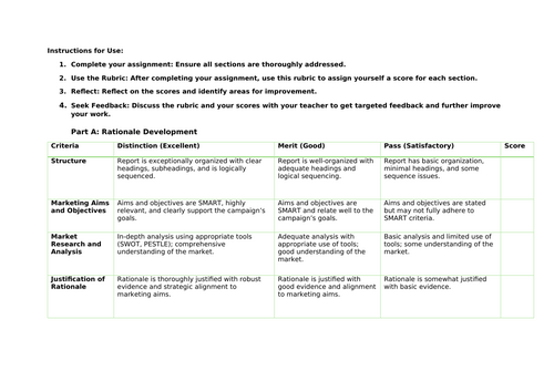 BTEC Business: Unit 2 Marketing Campaign Self-Assessment Rubric ...