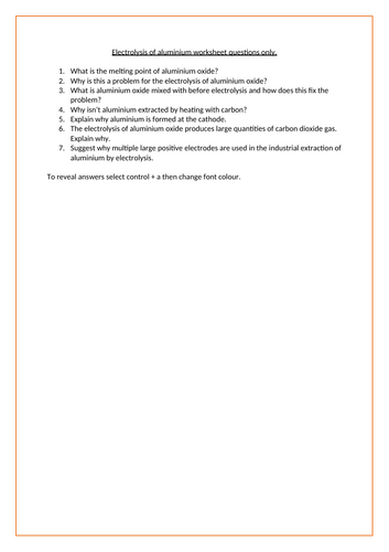 Electrolysis of Aluminium KS4 worksheet questions and answers ...