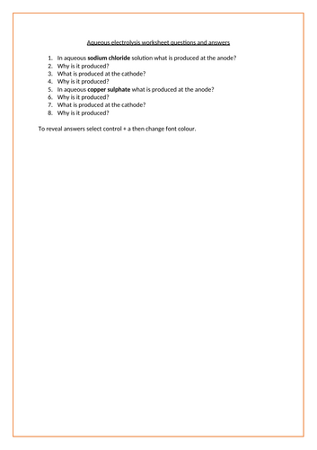 Aqueous electrolysis KS4 worksheet questions and answers. | Teaching ...