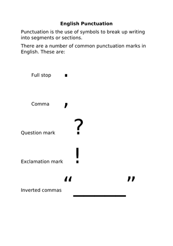 EAL Guide to English Punctuation and Capital Letters Handout (Level A1 ...