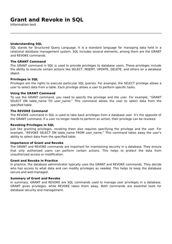 Grant and Revoke in SQL | Teaching Resources