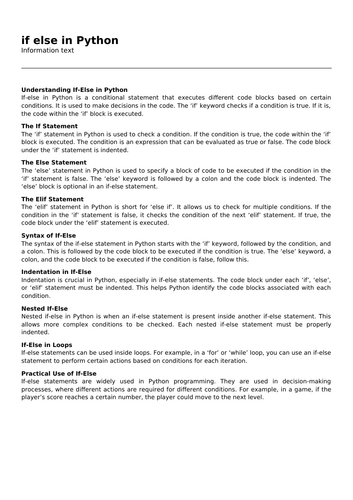 if else in Python | Teaching Resources